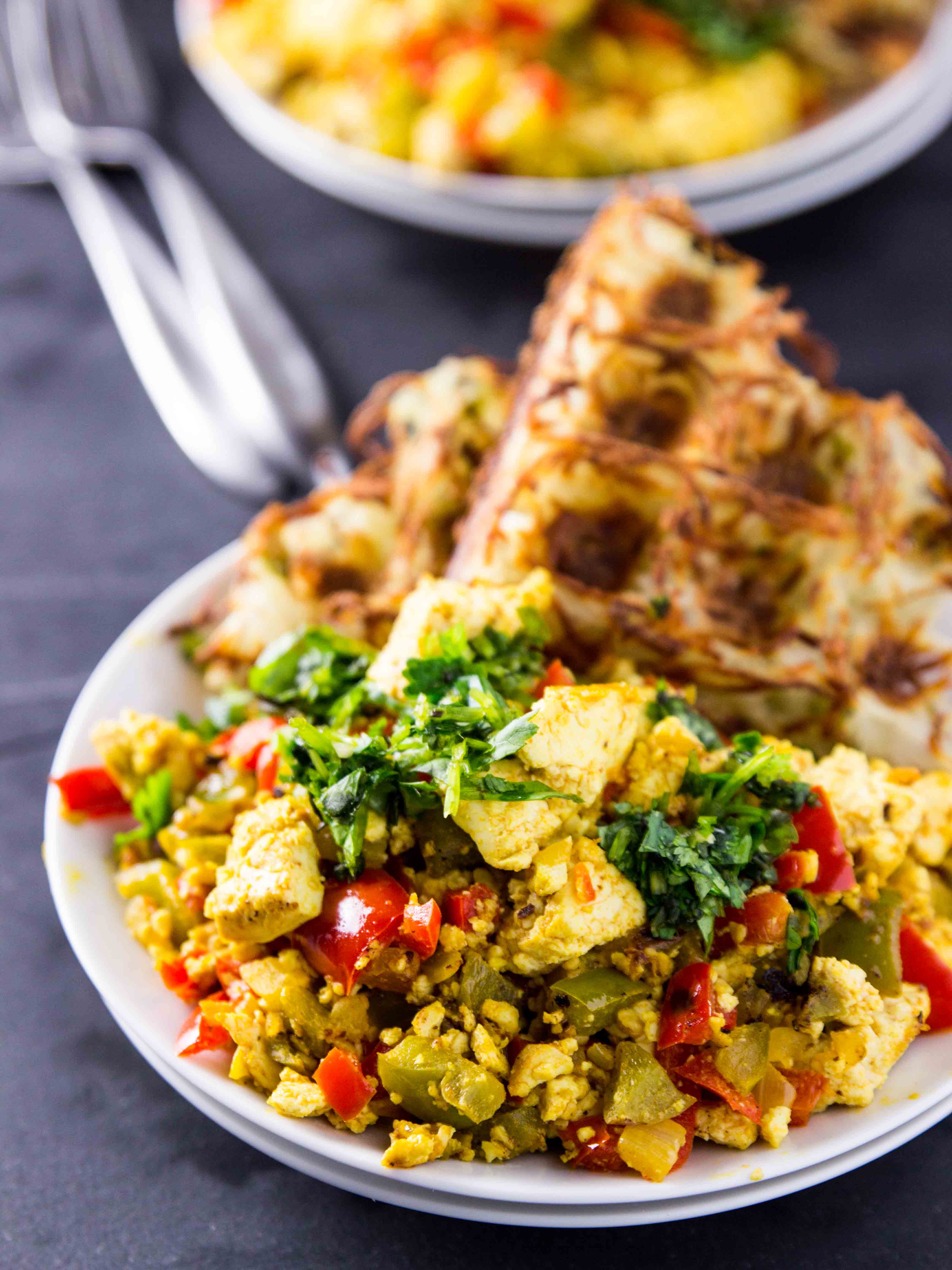 Garlicky Bell Pepper Tofu Scramble with Waffled Jalapeño Hash Browns